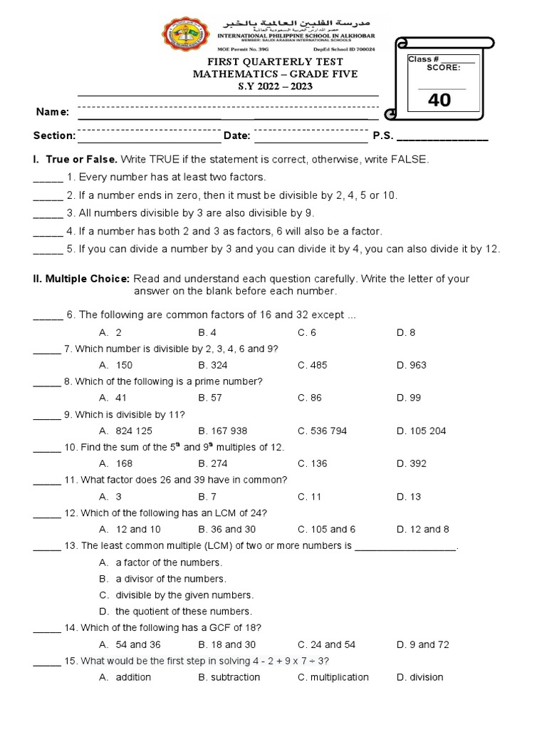 FIRST QUARTERLY TEST | PDF | Discrete Mathematics | Number Theory