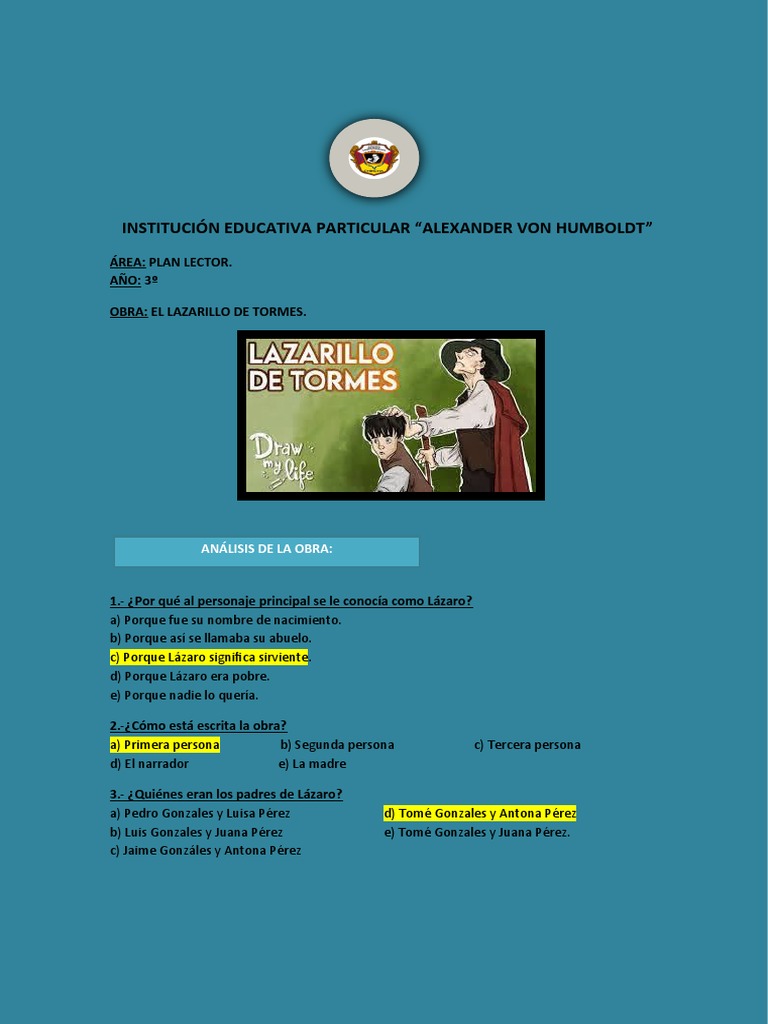 Ficha N 04 Plan Lector 3 El Lazarillo de Tormes | PDF