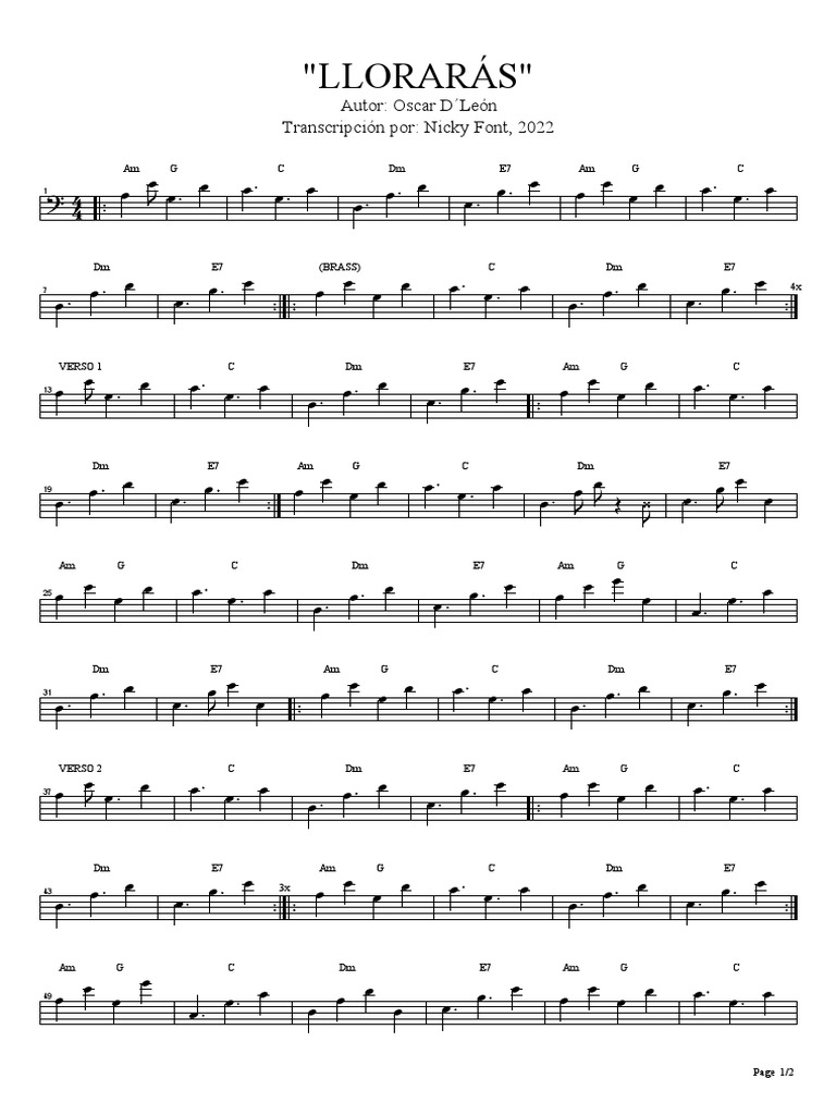 Llorarás-Oscar D Leon Bajo Partitura | PDF