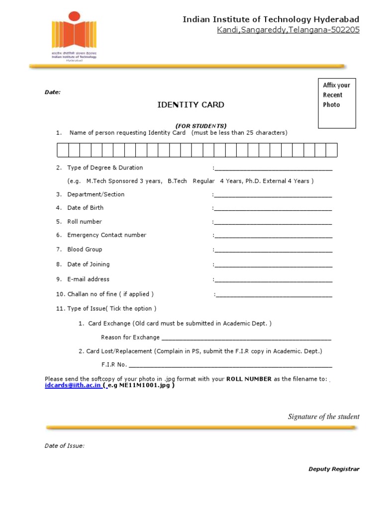 IIT Hyderabad Student ID Card Form | PDF