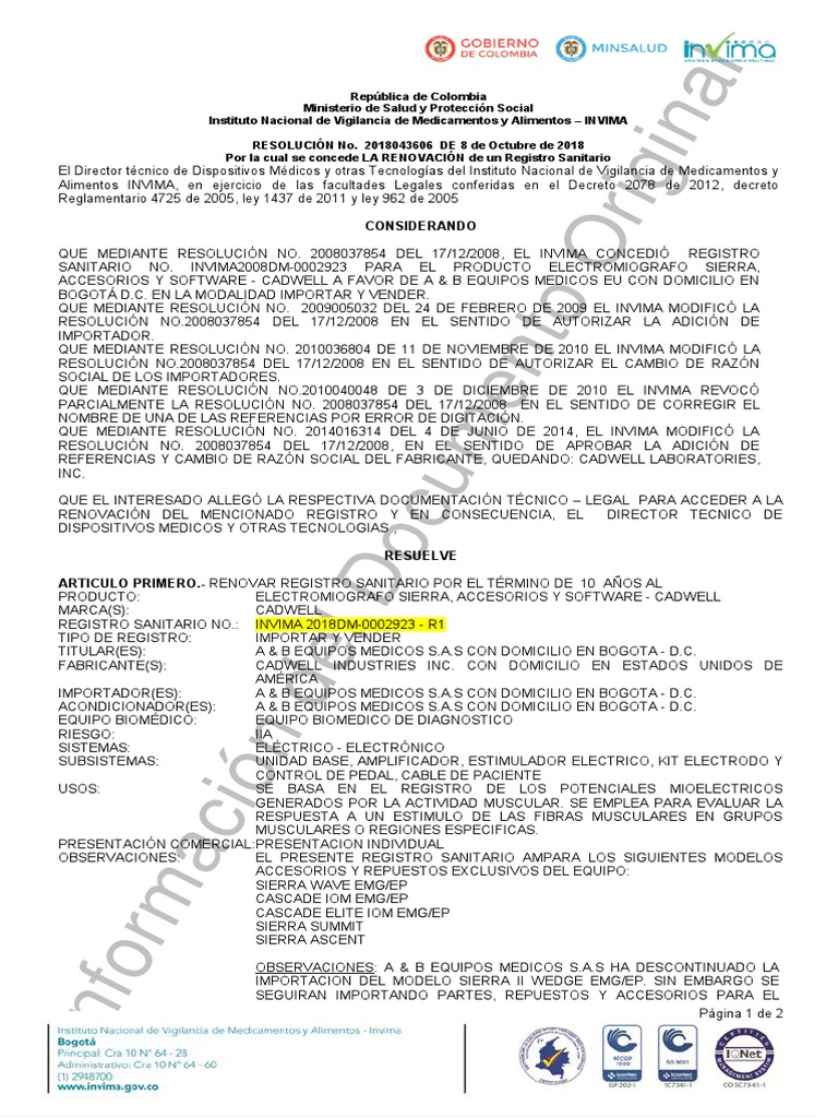 Registro Invima - Electromiografo | PDF | Electromiografia | Medicina ...