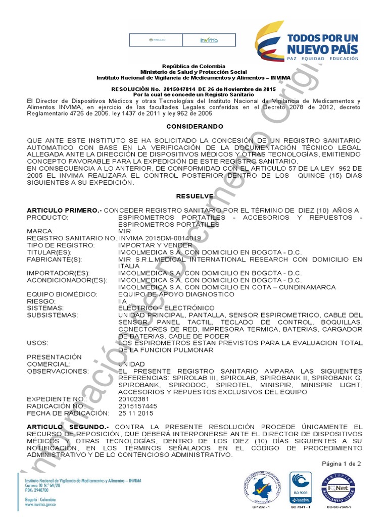 Registro Invima - Espirometro | PDF