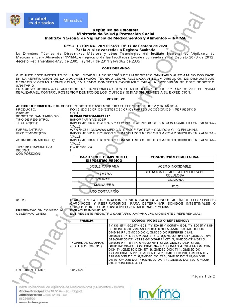 Registro Invima - Fonendoscopio GMD | PDF | Ciencias de la Salud | Medicina