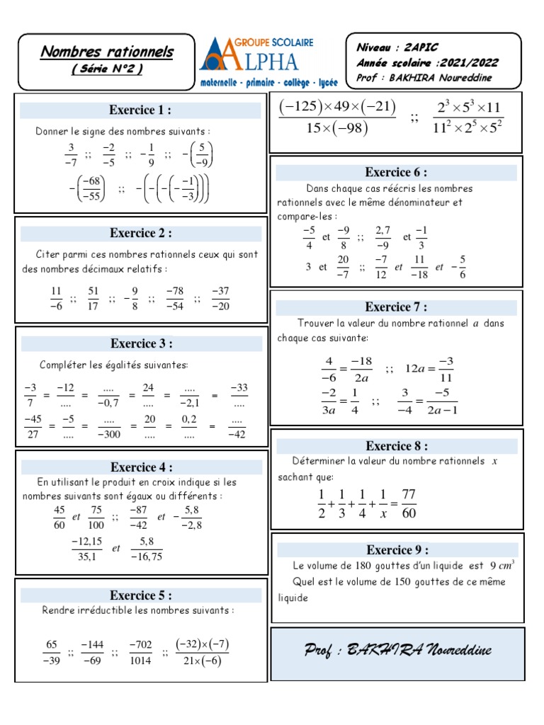 Exercices sur les Nombres Rationnels 2AC | PDF | Nombre rationnel | Mathématiques
