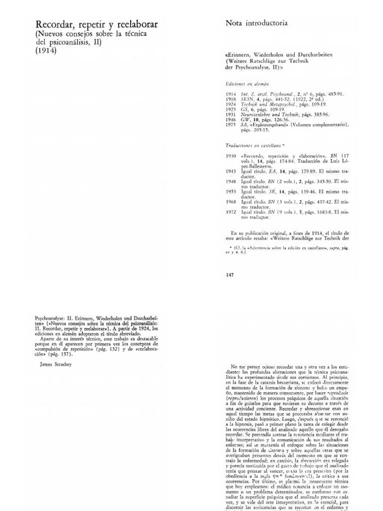 Recordar, Repetir, Elaborar | PDF | Sigmund Freud | Hipnosis