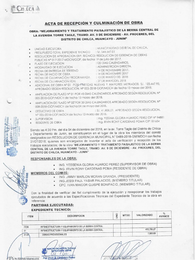 Actas de Recepcion de Obras | PDF