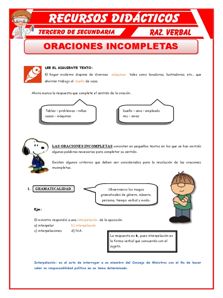 Ejercicios de Oraciones Incompletas para Tercero de Secundaria | PDF ...