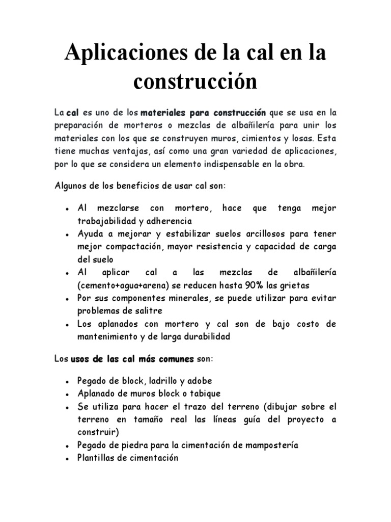 Aplicaciones de la cal en construcción | PDF | Albañilería | Yeso