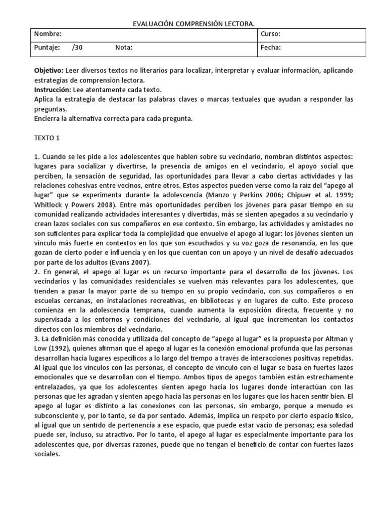 Evaluación Comprensión Lectora | PDF | Memoria | Teoría de apego