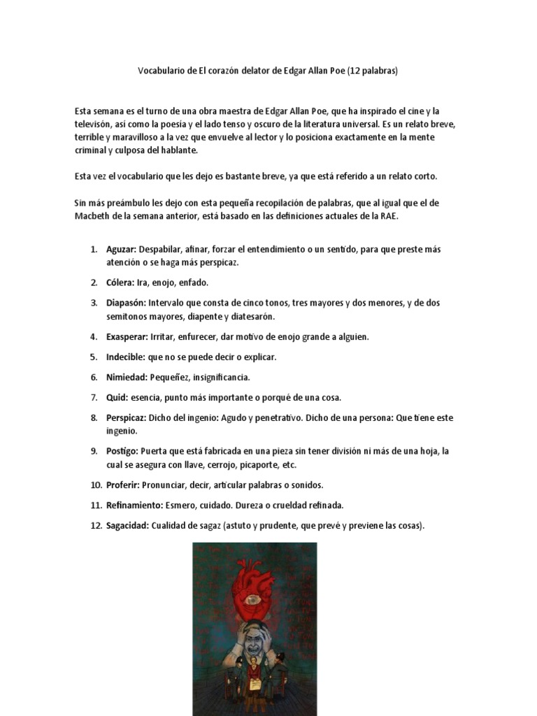 Vocabulario de El Corazón Delator de Edgar Allan Poe | PDF | Artes del ...