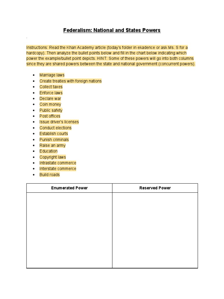 Federalism Worksheet | PDF | Politics | Social Science