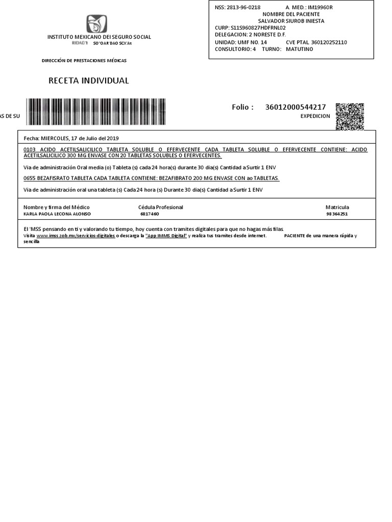 Receta IMSS: Ácido Acetilsalicílico y Bezafibrato | PDF | Drogas ...