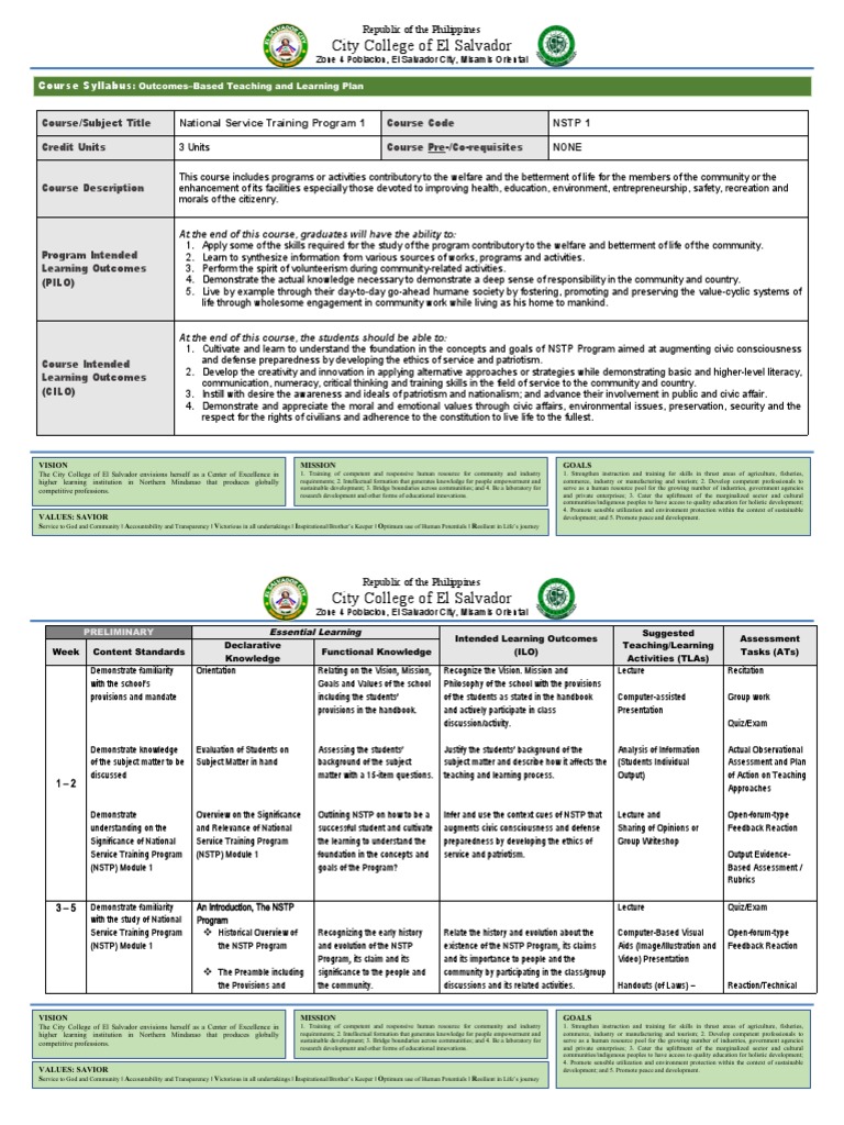 Course Syllabus (OBTL Plan) - NSTP 1 | PDF | Climate Change | Natural ...