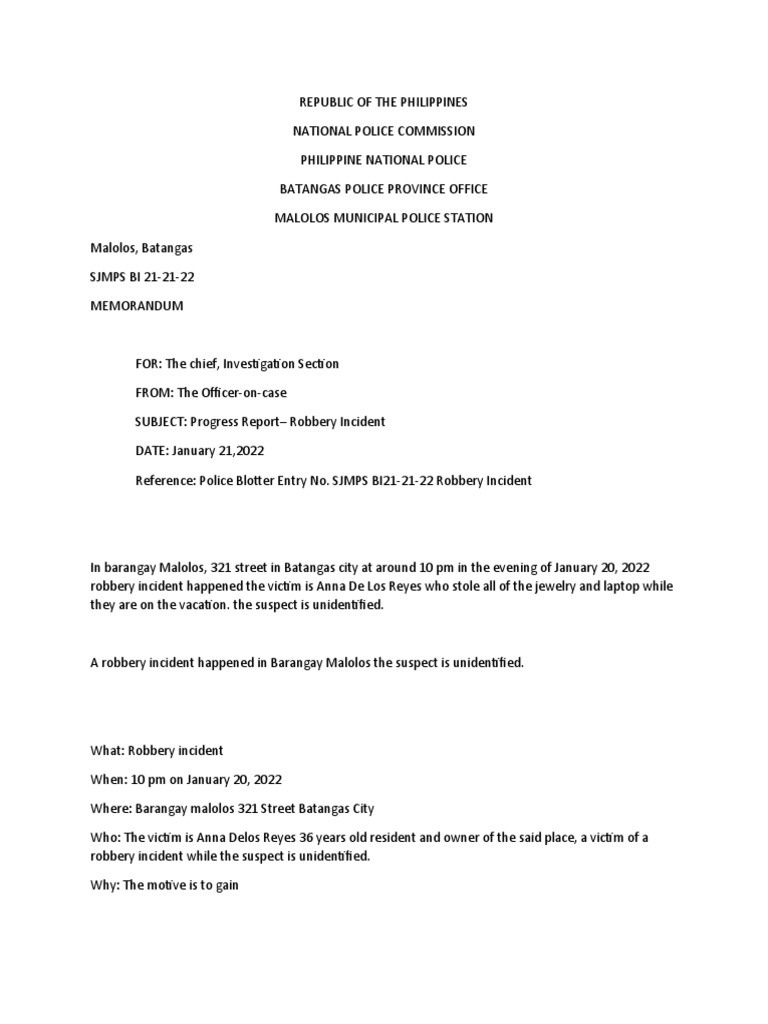 Progress Report on the Investigation of a Robbery Incident in Barangay ...