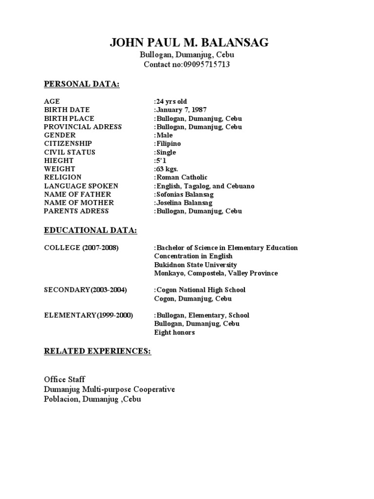 John Paul Balansag's Resume Overview | PDF | Wellness