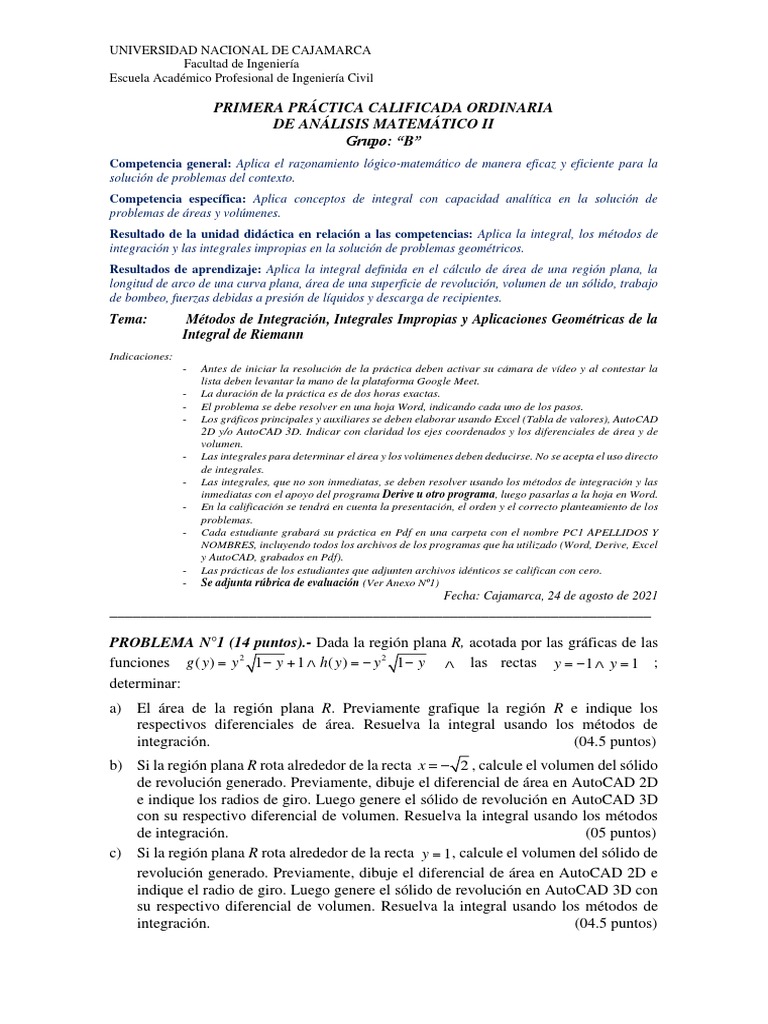 Tarea - Primera Práctica Calificada de Análisi Matemático II Grupo B | PDF | Integral | Geometría