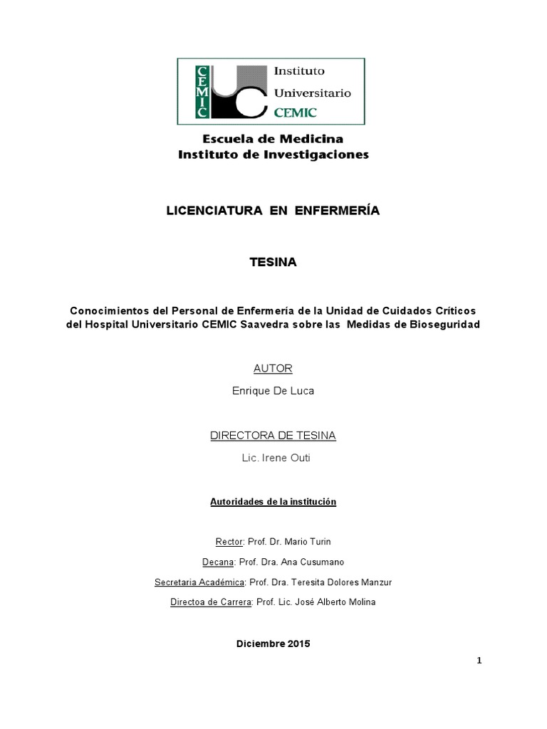 Conocimiento en Bioseguridad en CEMIC | PDF | Enfermería | Infección ...