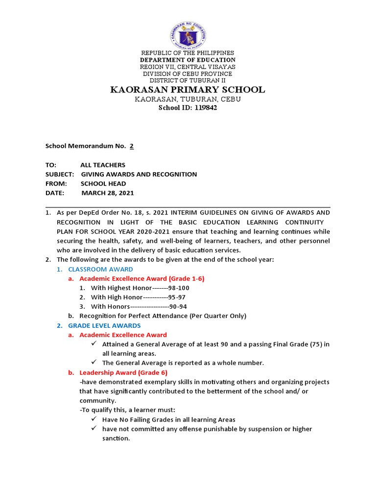 School Memo in Giving Awards and Recognition | Download Free PDF ...