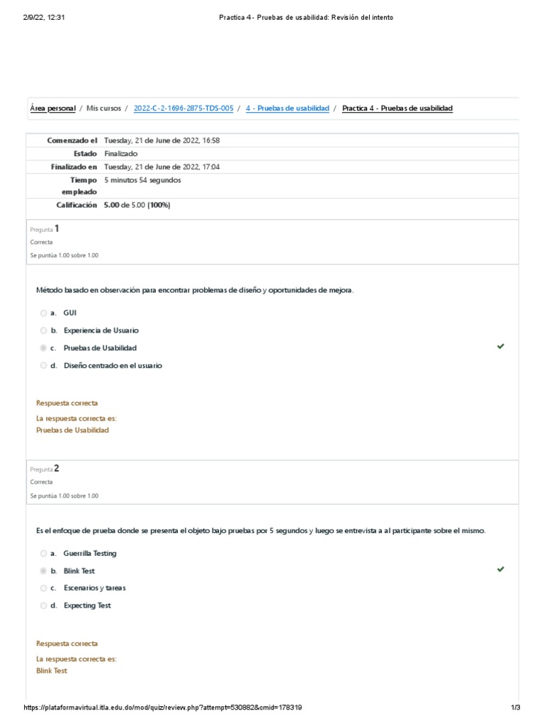 Practica 4 - Pruebas de Usabilidad - Revisión Del Intento | Descargar gratis PDF | Usabilidad ...