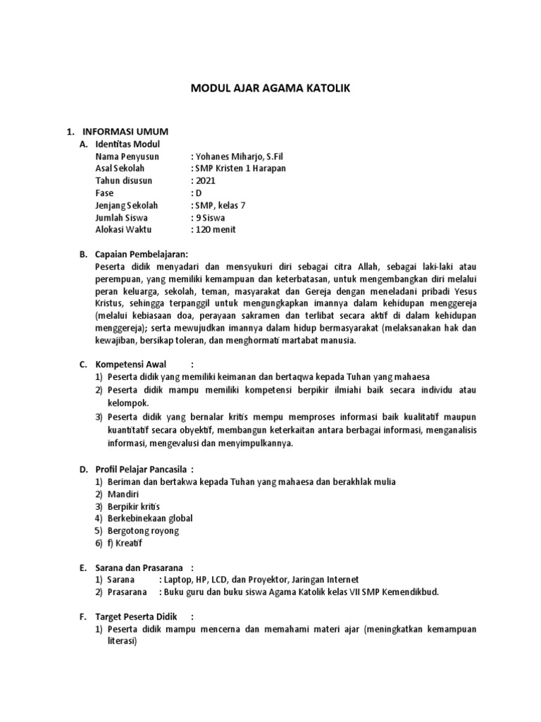 Modul Ajar Katolik Materi 1 | PDF