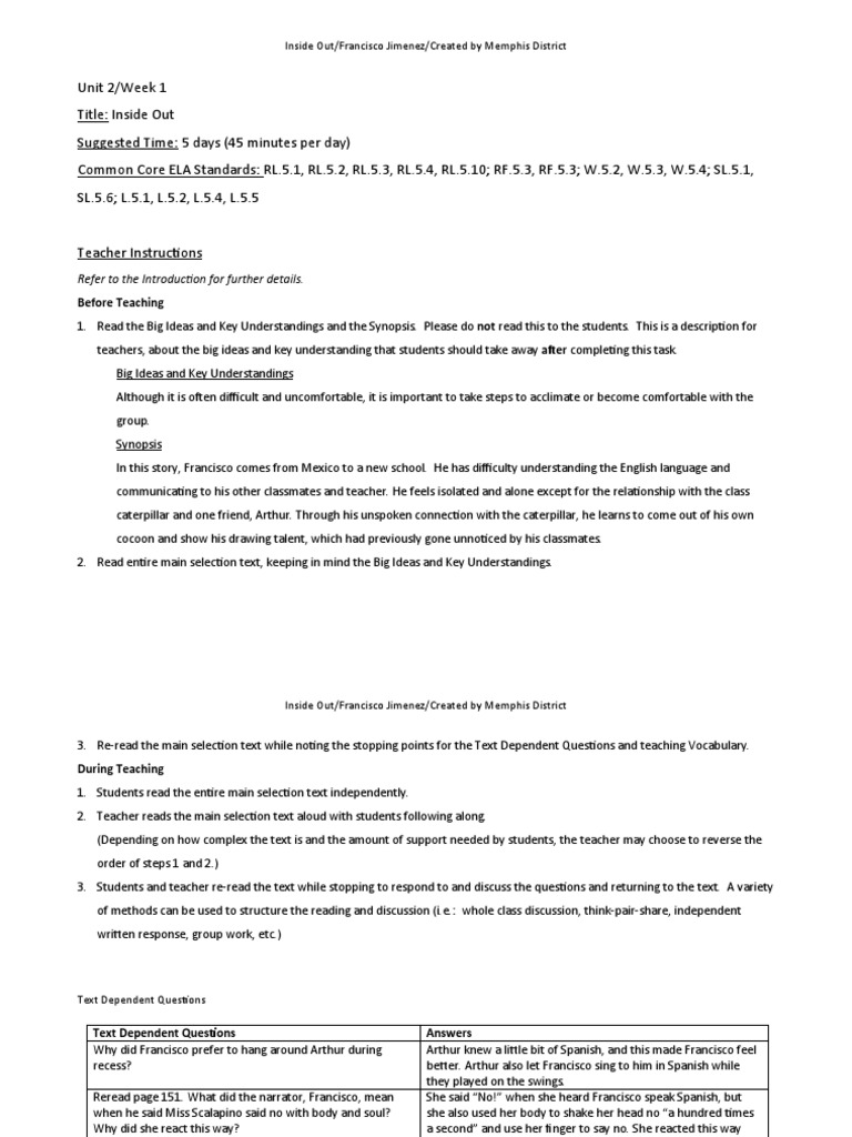 5.inside Out - Lesson - Basal | PDF | Word | Cognitive Science