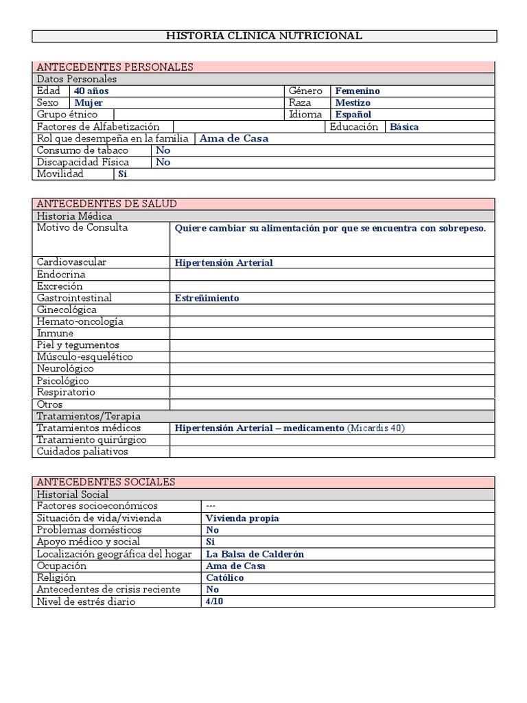 Historia Clínica Nutricional | PDF | Nutrición | Dieta y nutrición