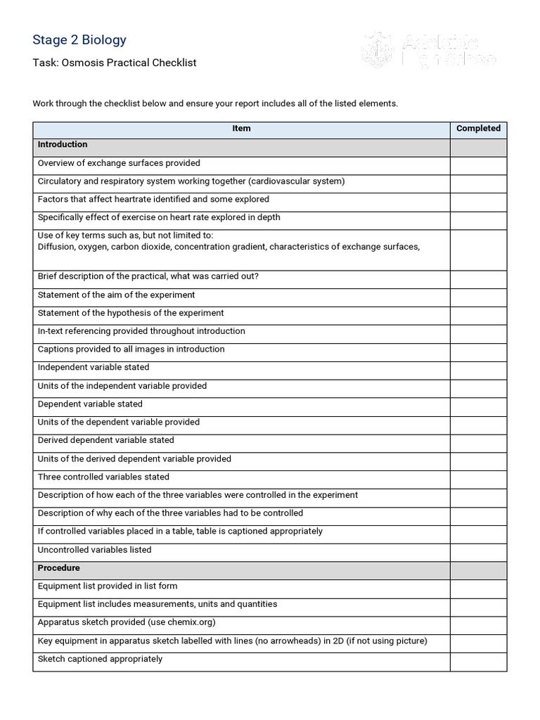 Stage 2 Biology: Task: Osmosis Practical Checklist | PDF | Experiment ...