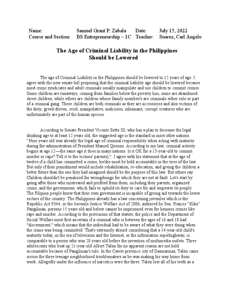 Position Paper Ethics (Lowering the Age of Criminal Liability) | PDF ...