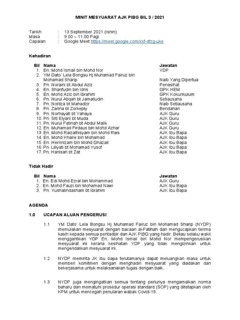 Minit Mesyuarat Ajk Pibg Bil 3.2021 | PDF
