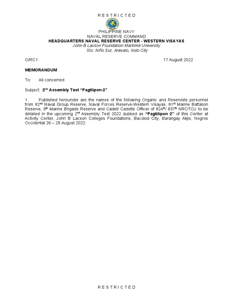 MEMO Assembly Test 2022 Bacolod | PDF | Military | Navies