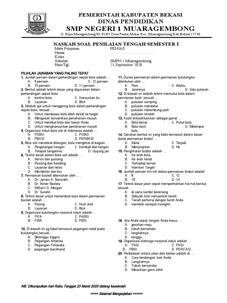 Soal PTS Penjas Kls 7 SMTR 1 | PDF