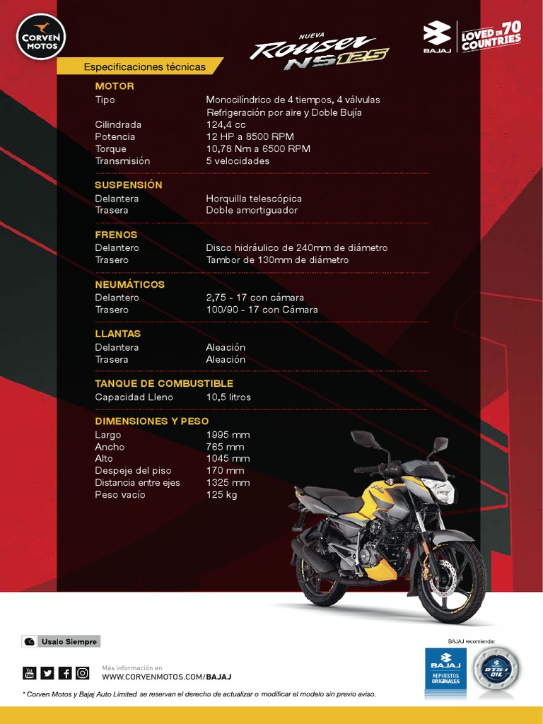 Ficha Tecnica Rouser Ns 125 | PDF | Hogar, jardinería y bricolaje