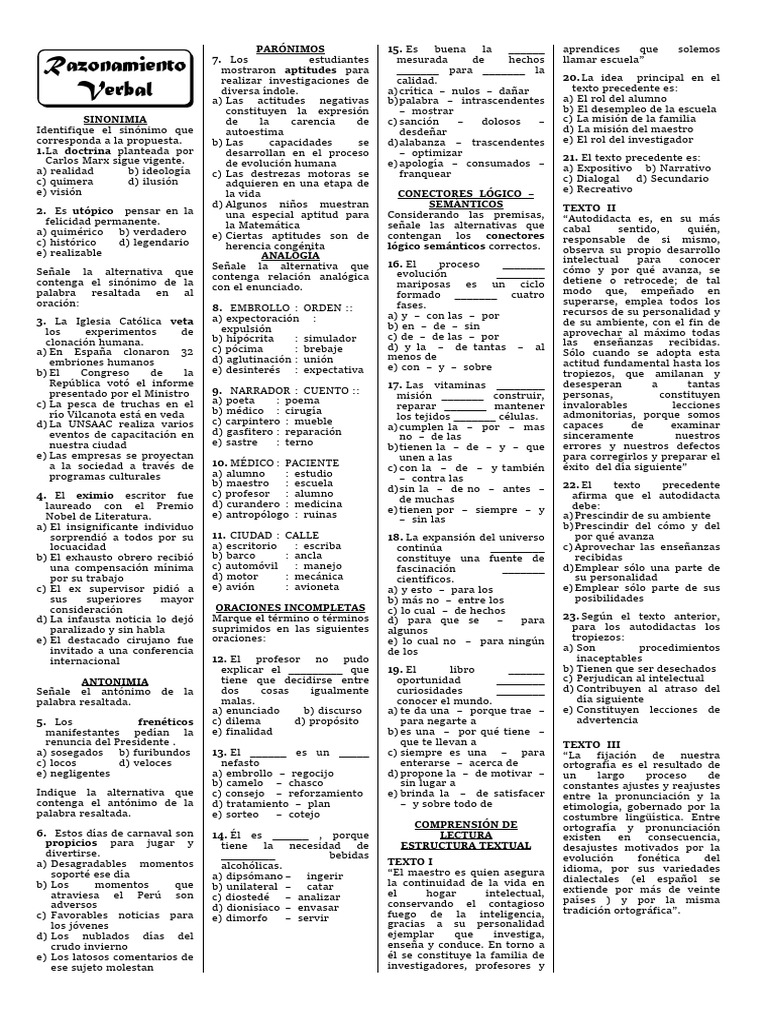 Ejercicios Raz. Mat, Raz Verbal | PDF