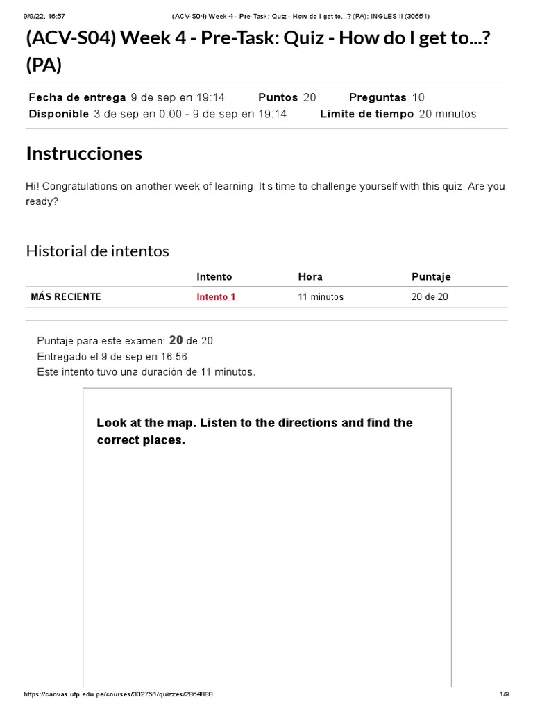(ACV-S04) Week 4 - Pre-Task - Quiz - How Do I Get To... - (PA) - INGLES II (30551) | PDF