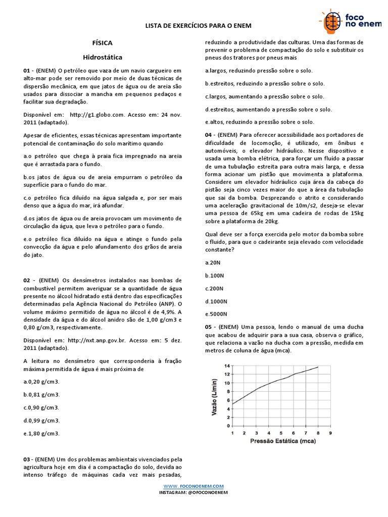 Hidrostatica Lista de Exercicios Fisica ENEM | PDF | Pressão | Quilograma