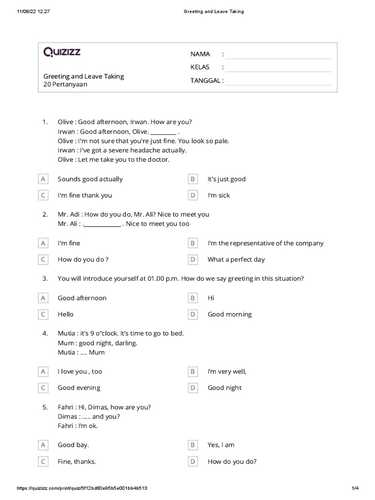 Kelas 7: Soal Greeting dan Leave Taking | PDF