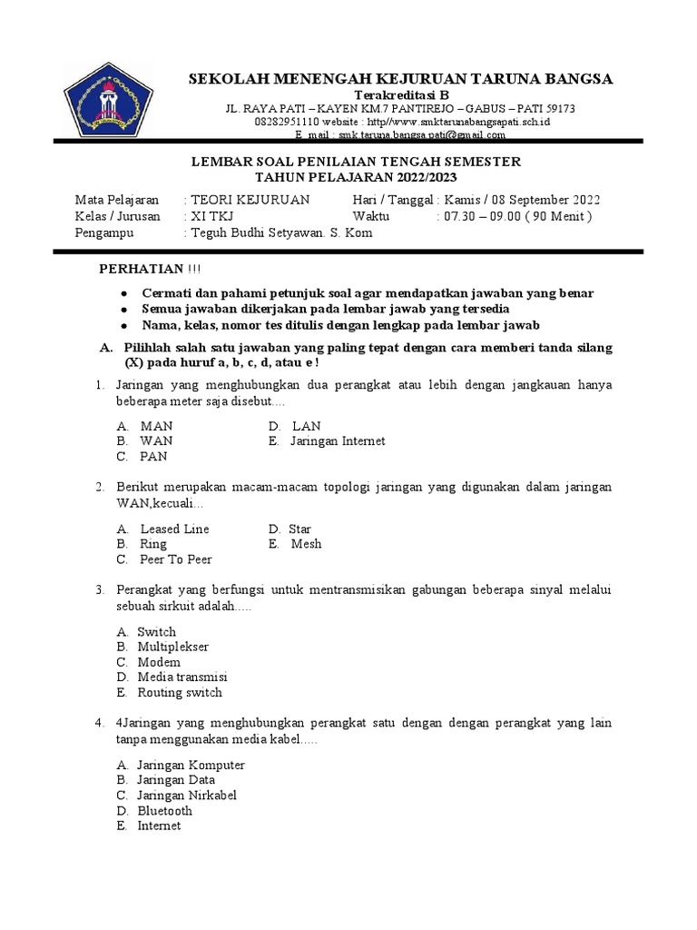 SOAL TEORI TKJ KELAS 11 Ok | PDF