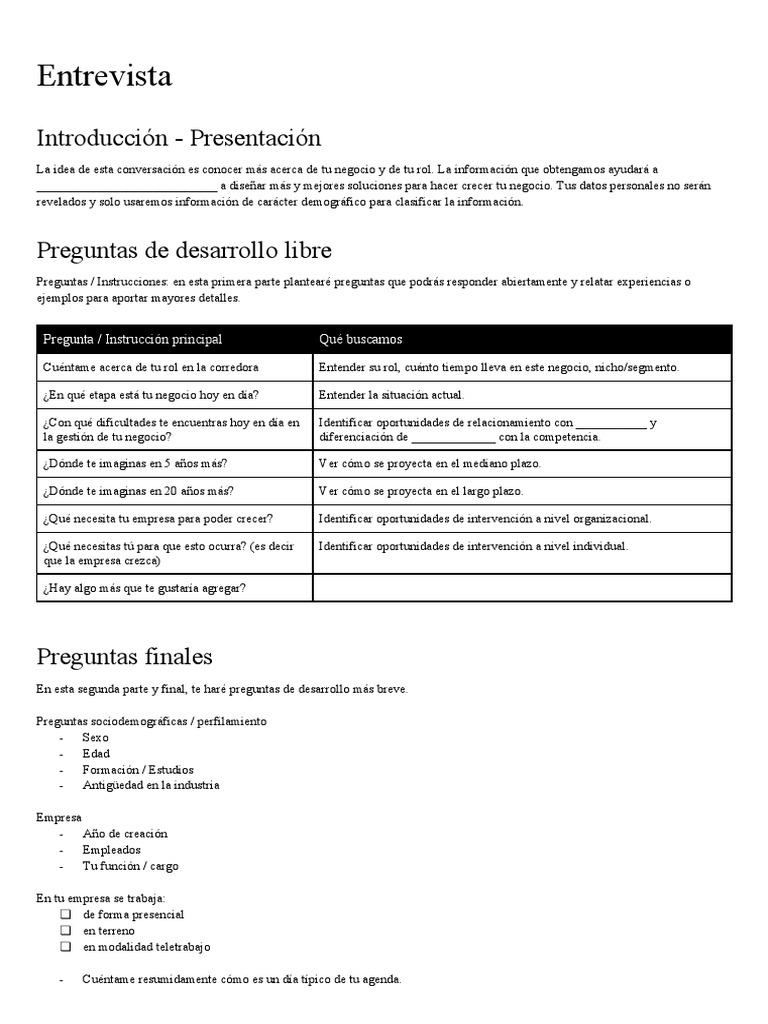 EJEMPLO DE ENTREVISTA-Pauta Entrevista | PDF