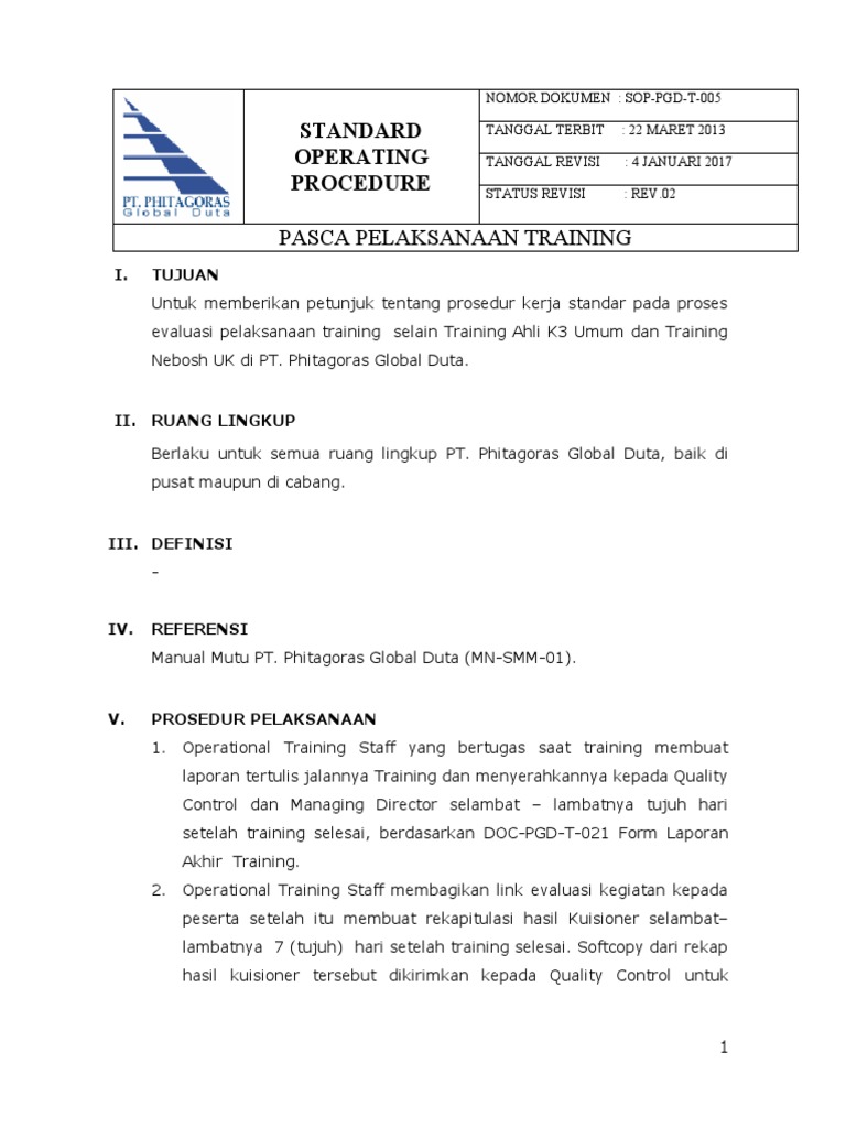 Sop-Pgd-Training-005. Pasca Pelaksanaan Training - Rev 2 - 040117 | PDF | Teknologi & Rekayasa