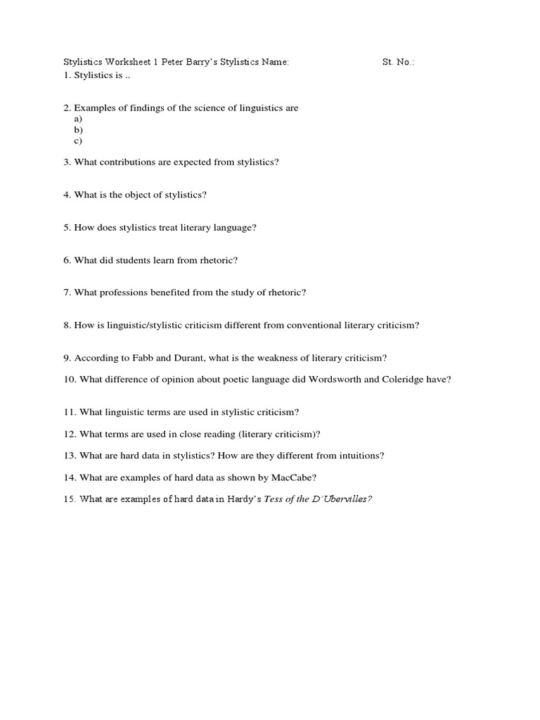 An Analysis of Stylistic Techniques and Concepts Examined in Worksheets ...