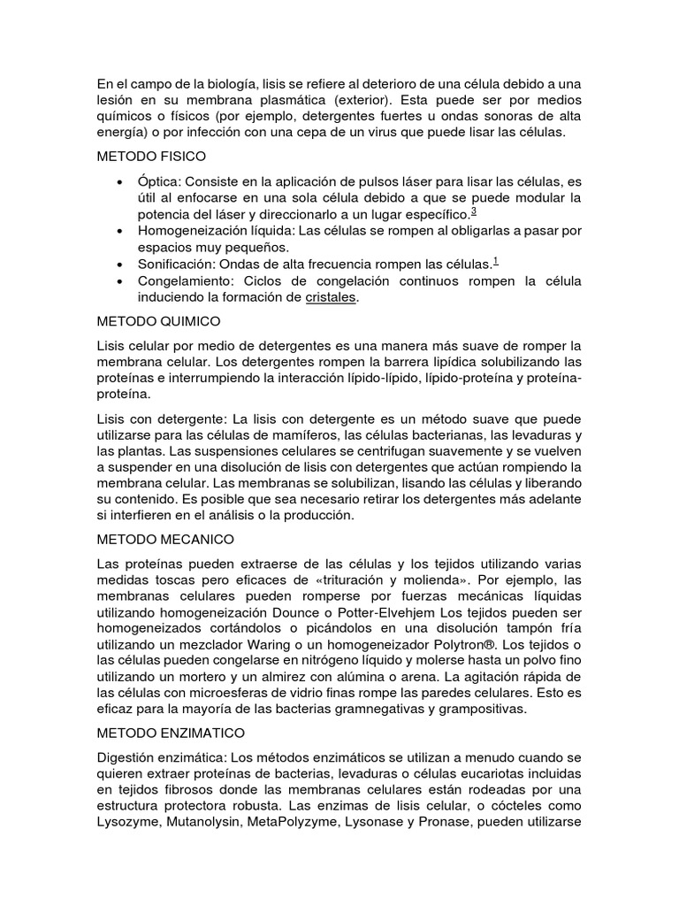 Métodos de Lisis | PDF | Lisis | Biología Celular)
