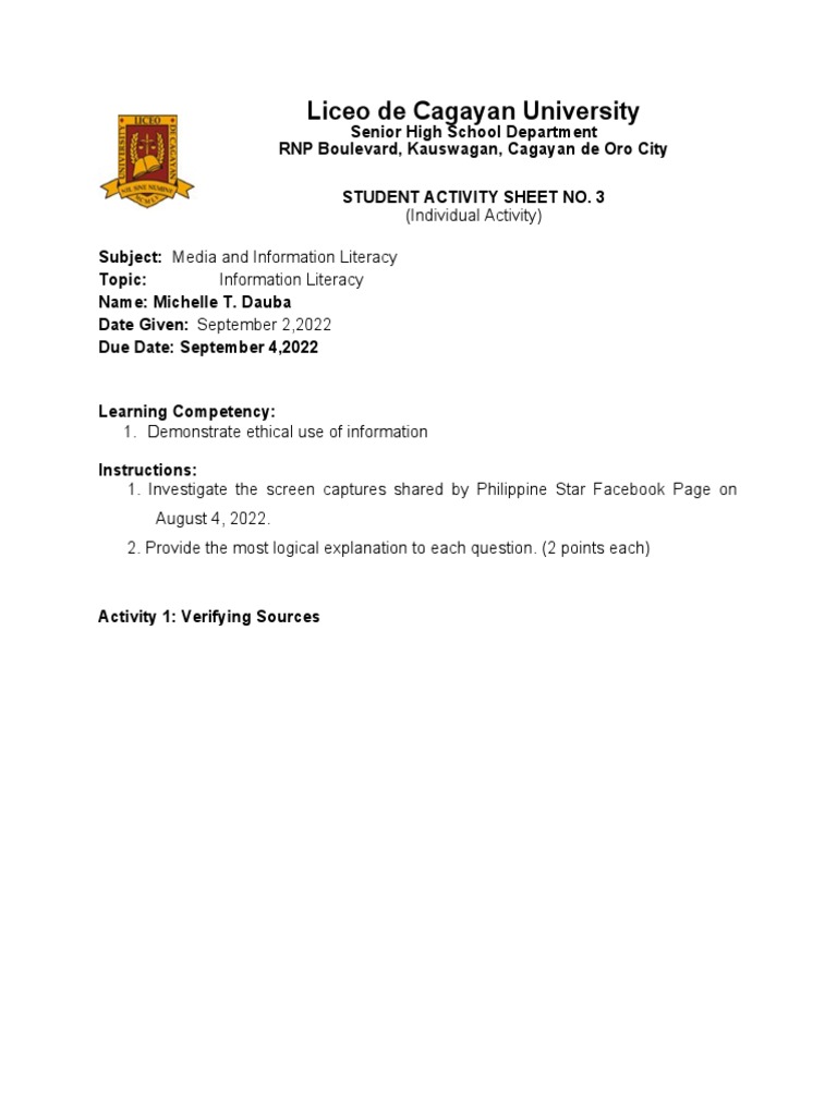 Media & Info Literacy Activity Sheet | PDF | Media (Communication) | News