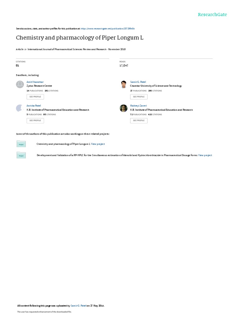 Chemistry and Pharmacology of Piper Longum L: Article | PDF