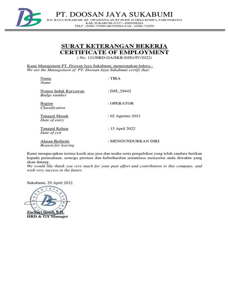 Surat Keterangan Bekerja PT Doosan Jaya | PDF