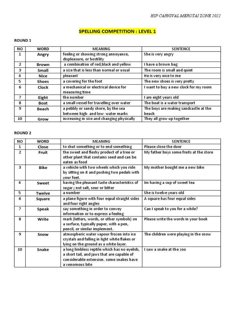 Level 1 - Spelling Competition | PDF | Elephant | Rectangle