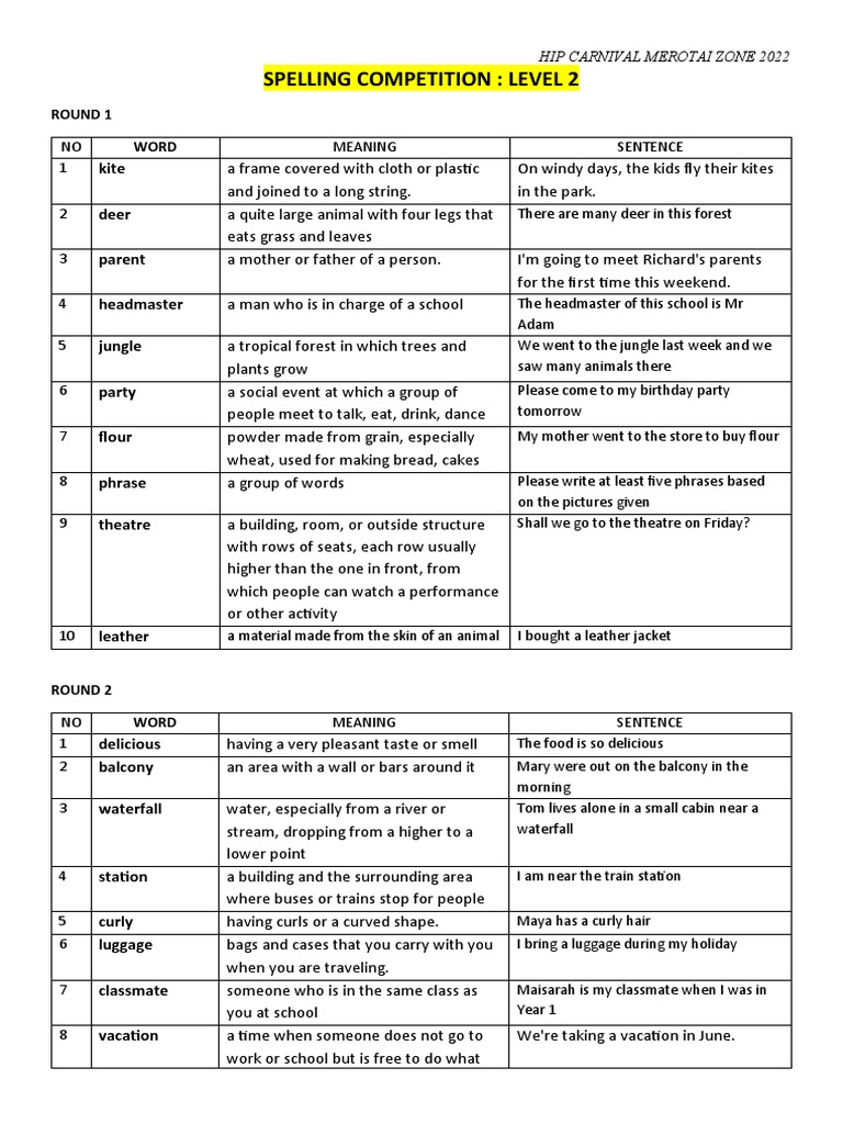 Level 2 - Spelling Competition | PDF | Flour | Mirror