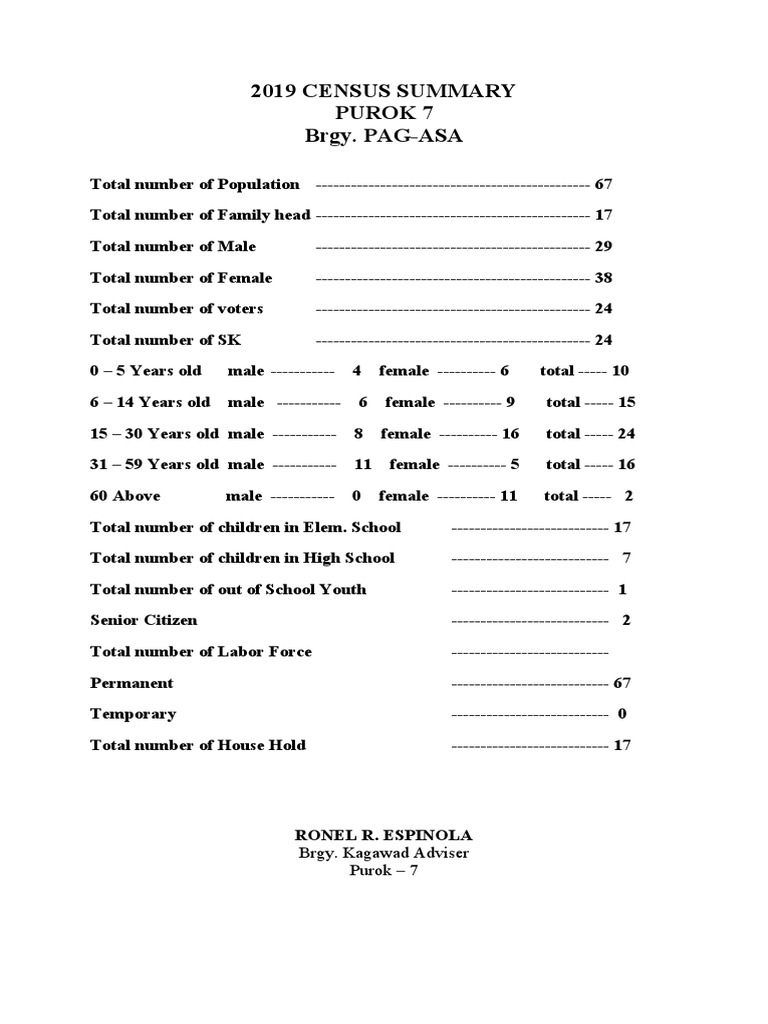 Census Summary 2019 of Purok | PDF