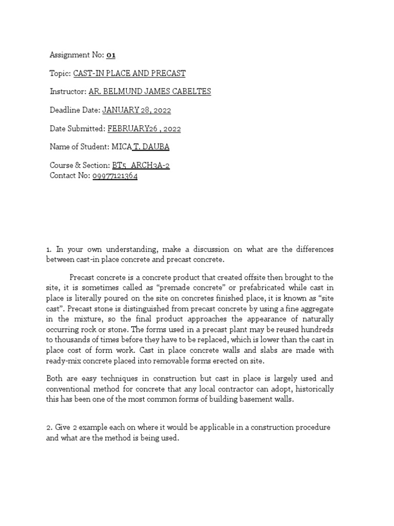 Assignment 1 CAST IN PLACE AND PRECAST | PDF | Precast Concrete | Concrete