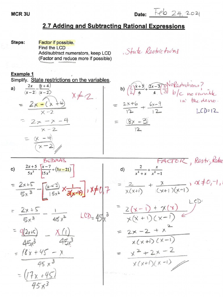 2.7 Adding & Subtracting Rational Expressions - Completed Notes | PDF