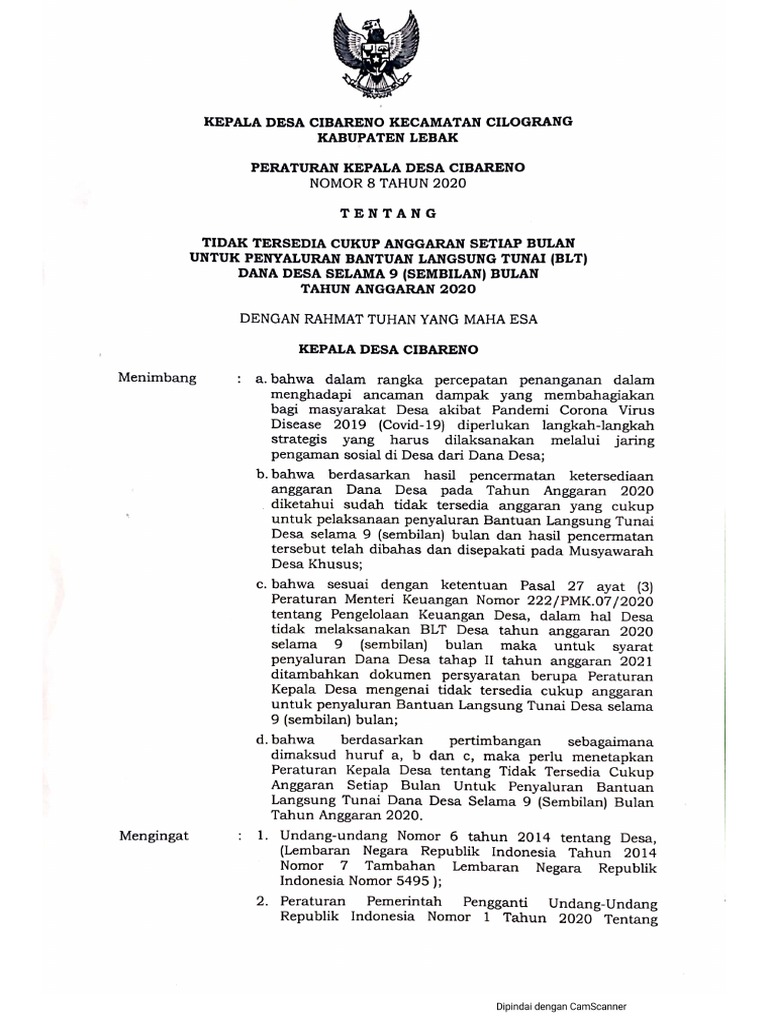 Perkades Ds. Cibareno TTG Tidak Tersedia Cukup Anggaran BLT DD | PDF